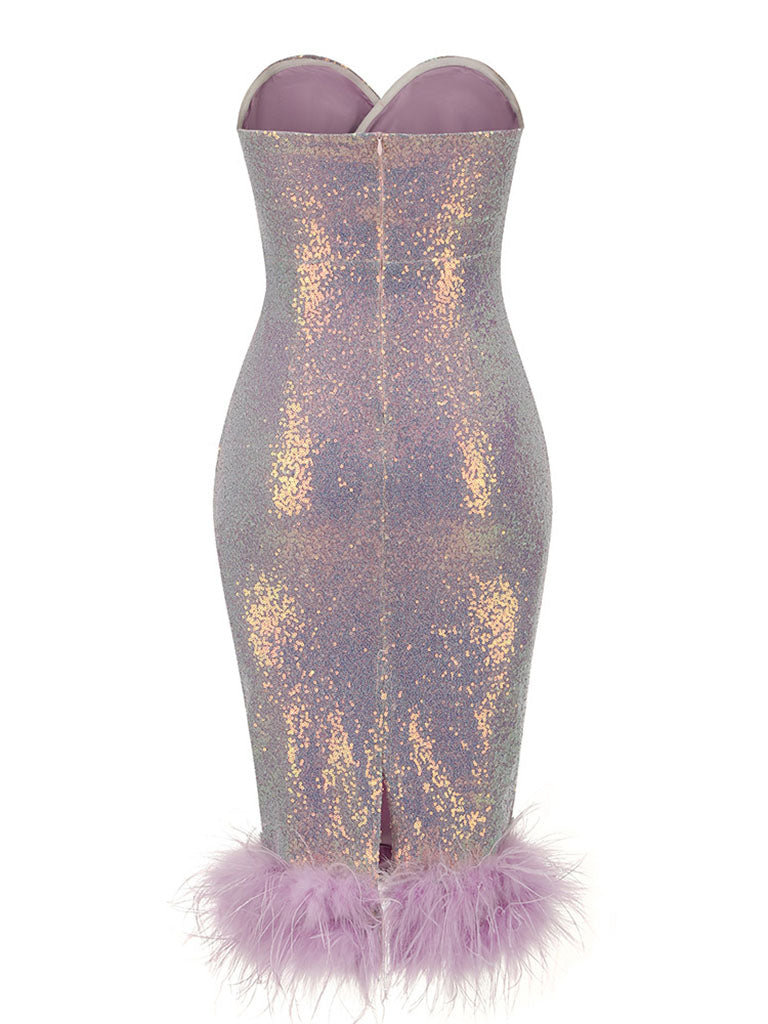 Purple Sweet Feather Hem Sequin Strapless Bodycon Sexy Gown Party Dres – Jolly Vintage