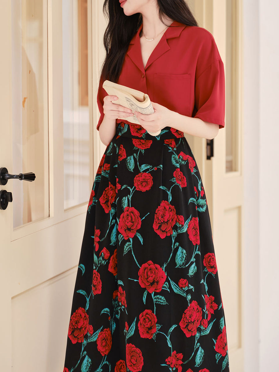 2PS Red Casual Shirt and High Waist Rose Print Skirt Outfit – Jolly Vintage