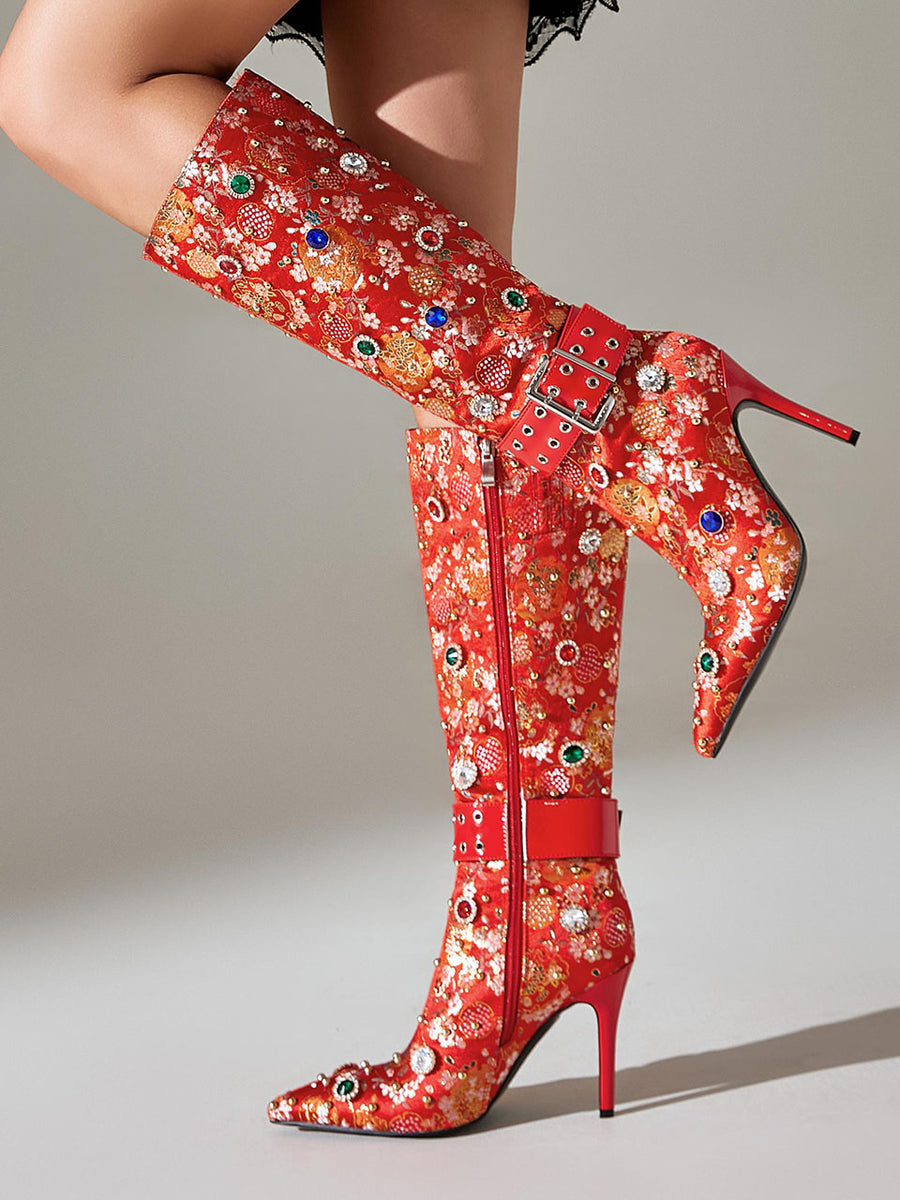10CM Red Luxury Embroidered Stiletto Heel Boots Vintage Shoes – Jolly ...