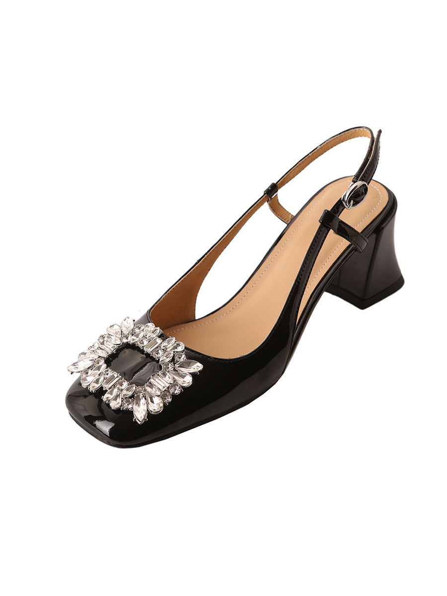 Women's Round Toe Rhinestones Chunky Heel Sandals Leather Vintage Shoe ...