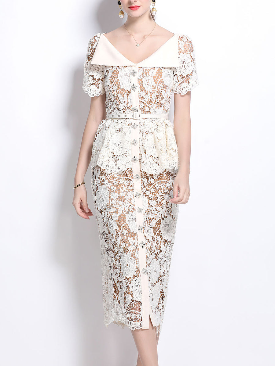 White Lace Flower V Neck Short Sleeve Wasp Waist Bodycon Dress – Jolly ...