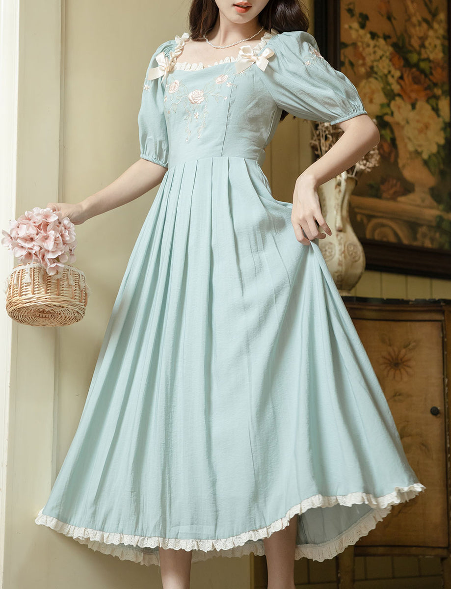 Baby Blue Cotton Fabric with Rose Embroidery Vintage Lace Dress – Jolly ...