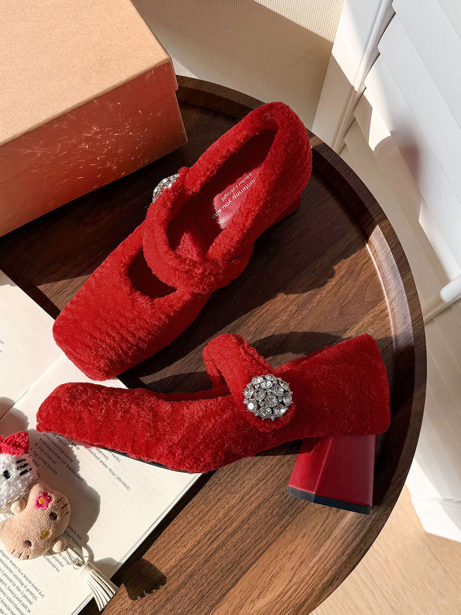 Winter Party Shoes Red Sheepskin Chunky Heel Pumps – Jolly Vintage