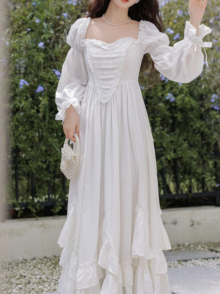 White Square Collar Long Lantern Sleeves Edwardian Ruffle Dress – Jolly ...