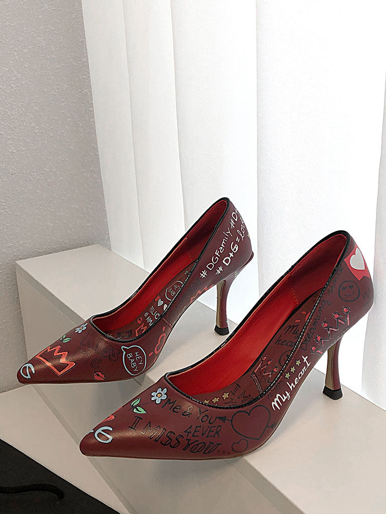 Wine Red Graffiti Print Stiletto Heel Vinatge Shoes – Jolly Vintage