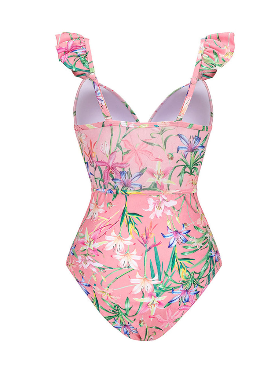 Pink Lace Ruffles Flowers One-piece Swimsuit With Bathing Suit Swing S ...