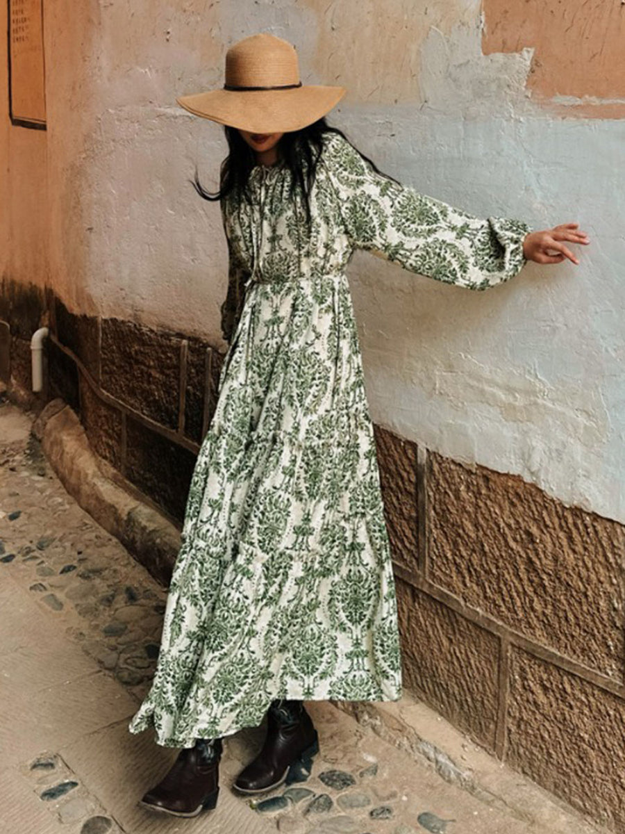 Women's Bohemian Green Print Boho Maxi Dress Outfit – Jolly Vintage