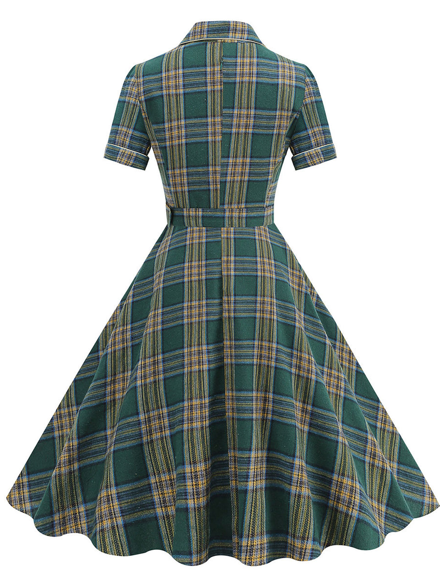 Green Plaid Turn Down Collar Short Sleeves 1950S VintageShirt Dress Wi ...