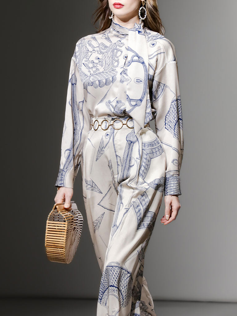 2PS Champagne Satin Floral Printed Shirt And High Waist Wide Leg Pants ...