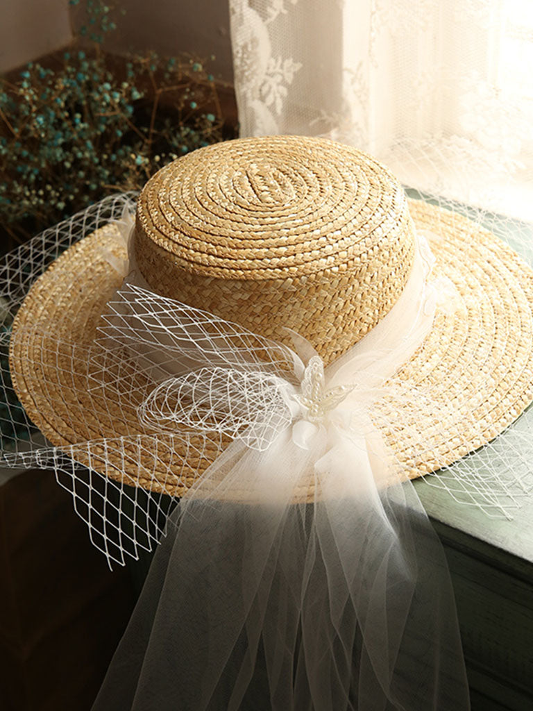 Straw Hat Beige With Long Lace Tulle For Holiday – Jolly Vintage