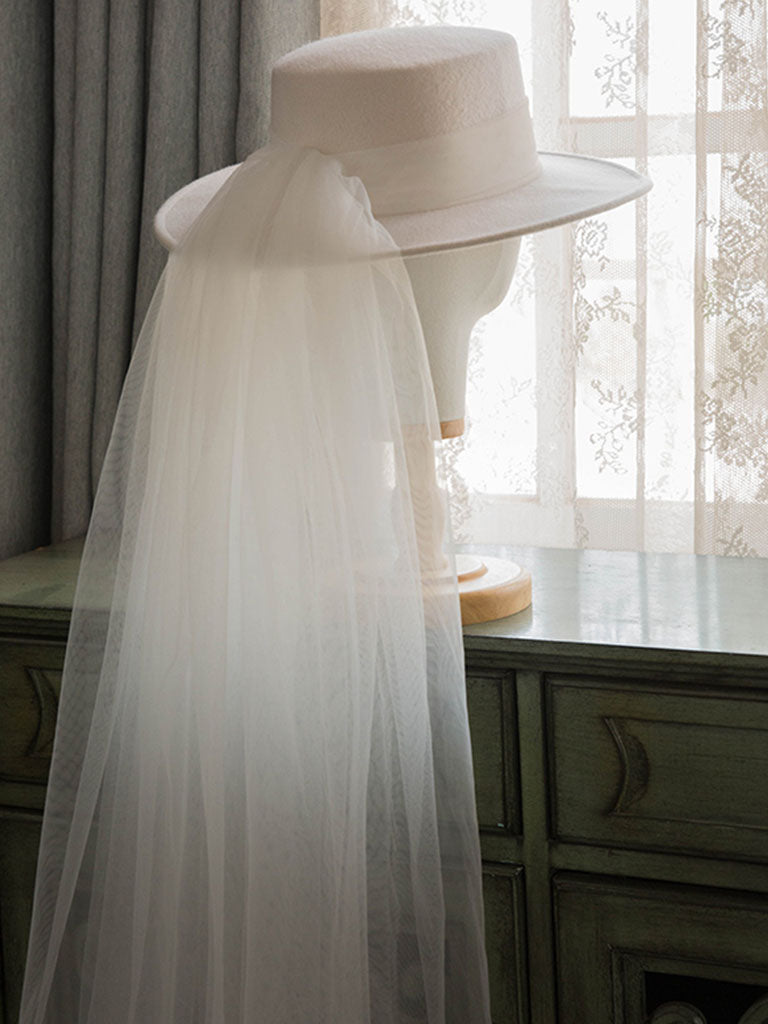 White Big Veil Wedding Hat With Wool Vintage Boater Hat – Jolly Vintage