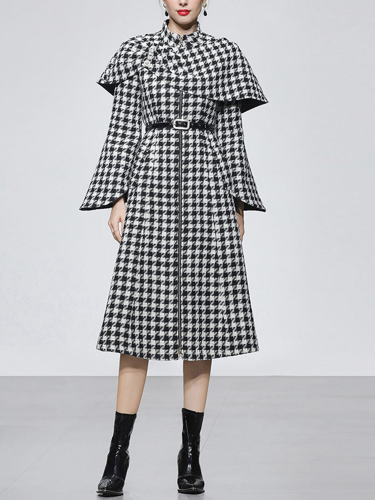 2PS Stand Collar Flared Sleeve Houndstooth Wool Coat With Retrievable ...