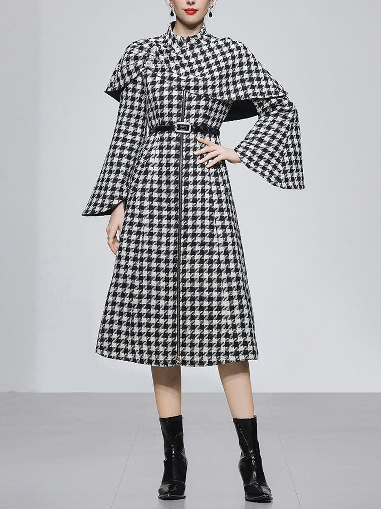 2PS Stand Collar Flared Sleeve Houndstooth Wool Coat With Retrievable ...
