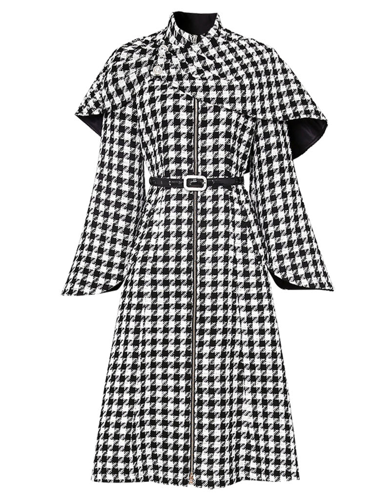 2PS Stand Collar Flared Sleeve Houndstooth Wool Coat With Retrievable ...
