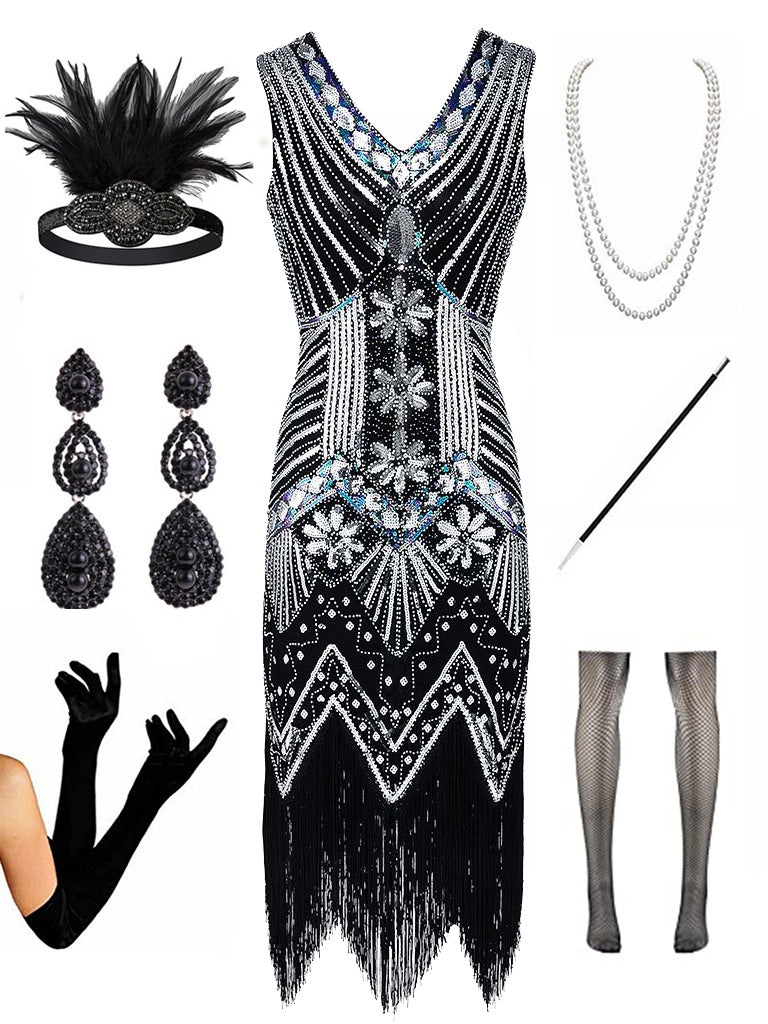 1920s Sequined Fringed Gatsby Flapper Dress Set – Jolly Vintage